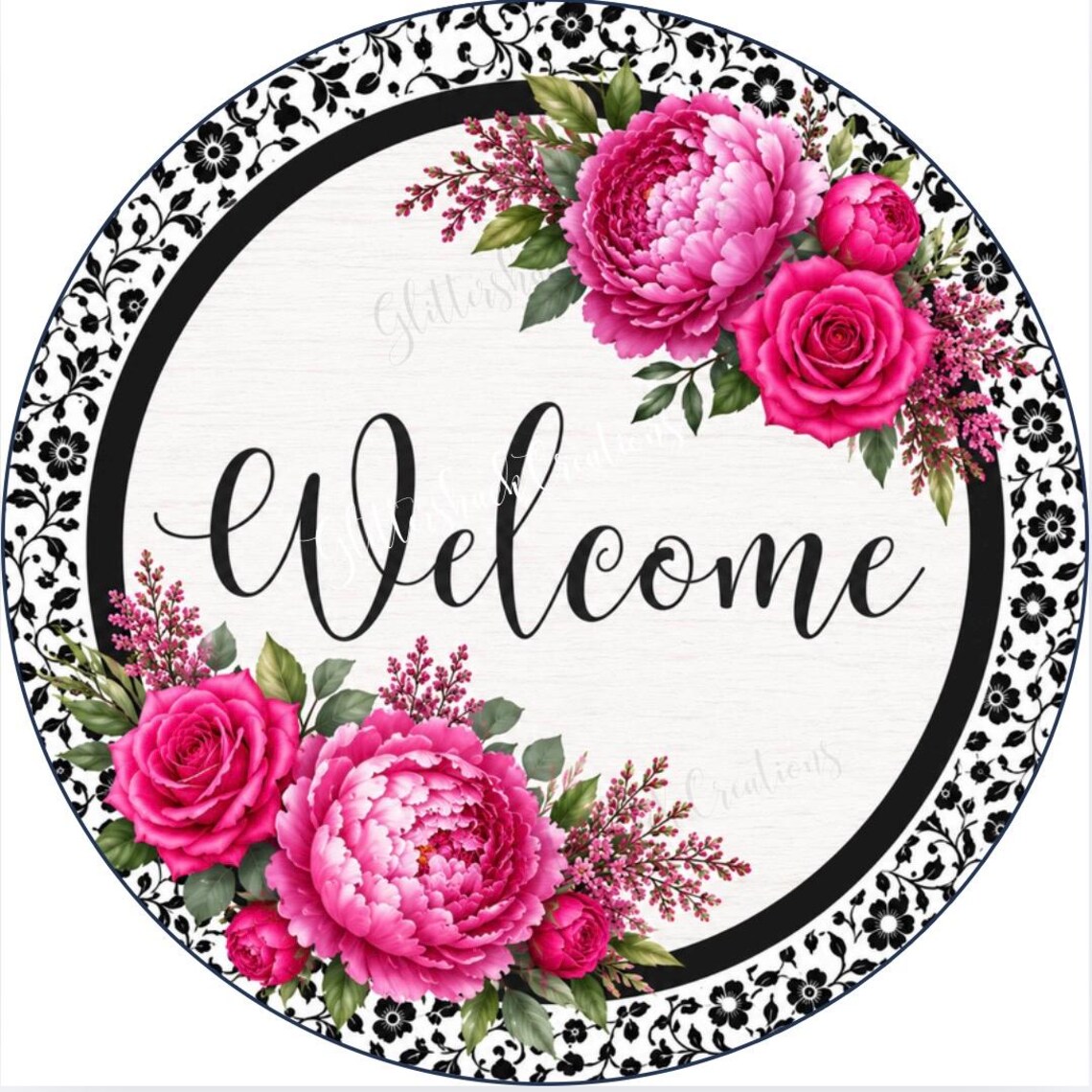 Hot Pink Welcome Sign, Peony Rose Door Hanger, Black White Floral ...