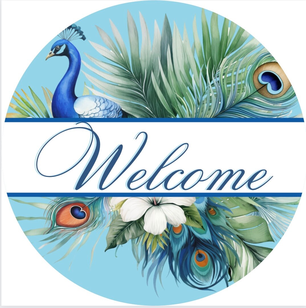 Peacock Round Welcome Sign, Tropical Floral Metal Sign, Door Hanger ...