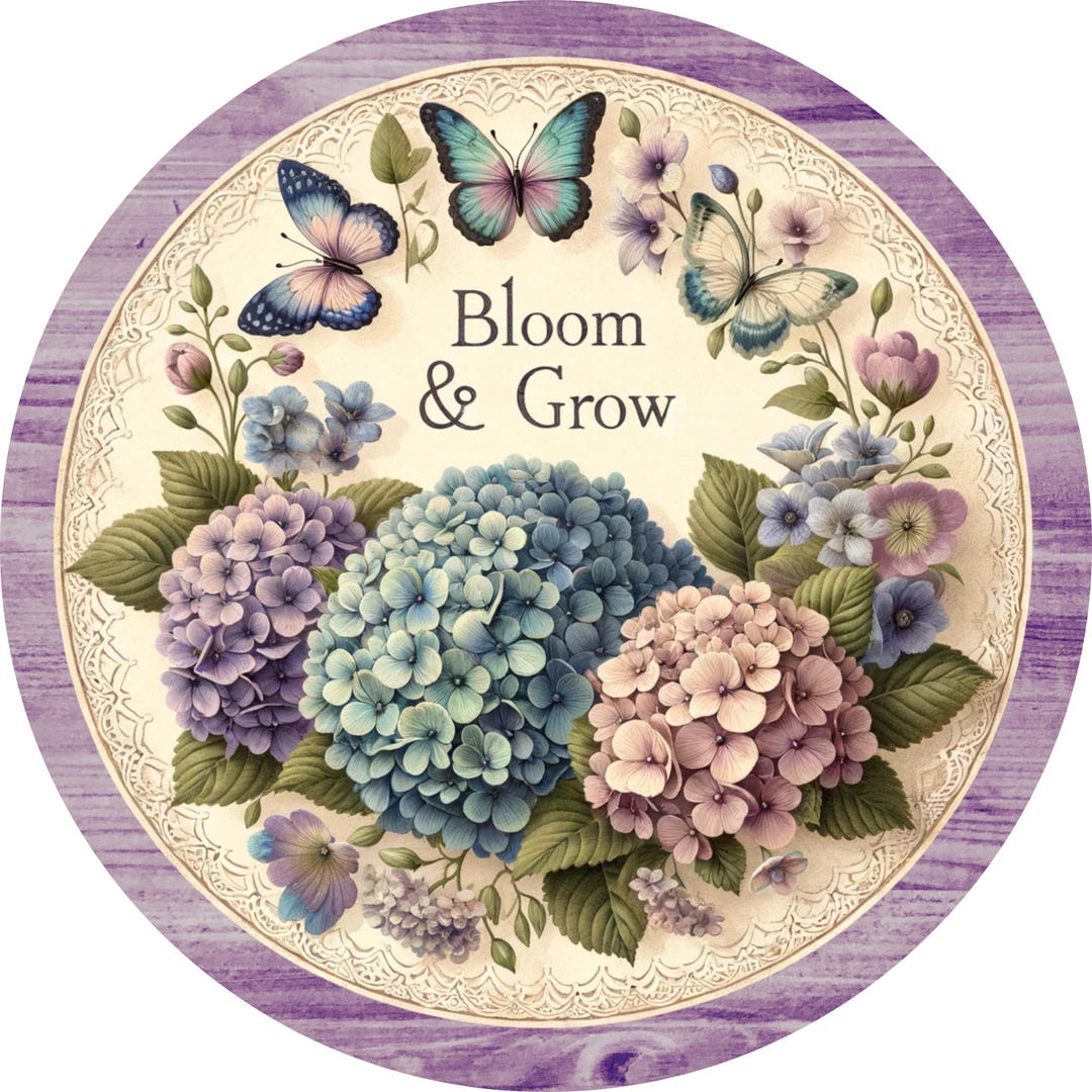 Bloom and Grow Metal Wreath Sign, Hydrangea and Butterfly Decor, Purple ...