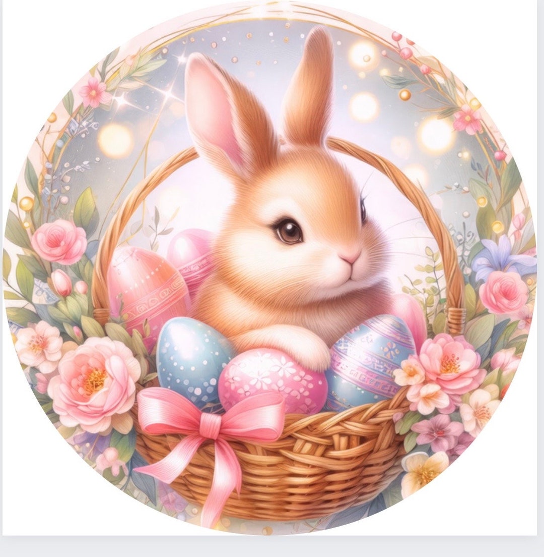 Round Easter Sign, Easter Bunny in Basket With Easter Eggs, Spring ...
