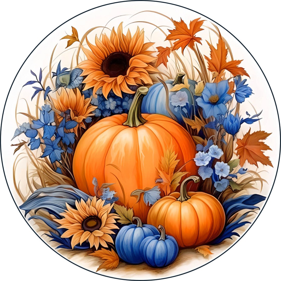 Round Fall Wreath Sign, Fall Leaves & Pumpkin Sign, Orange and Blue ...