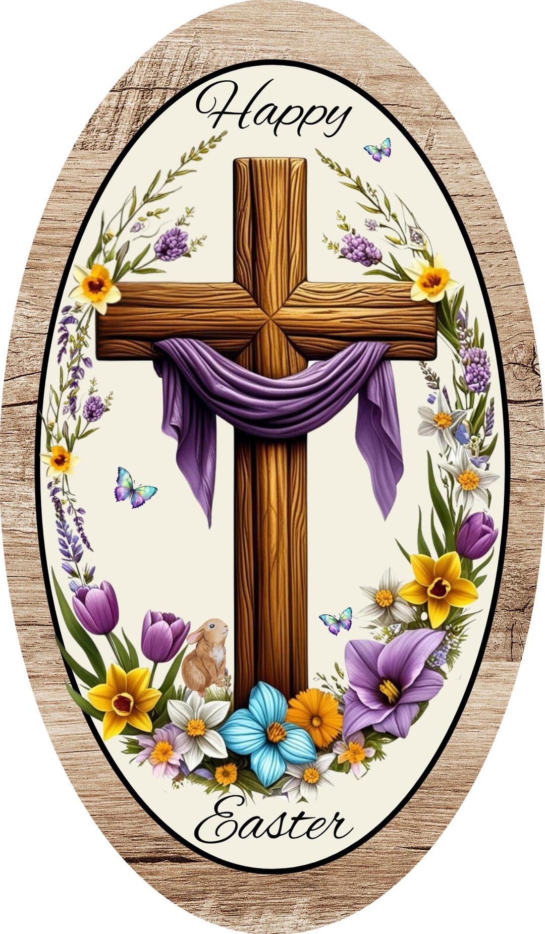 Oval Happy Easter Metal Wreath Sign 12x7 | Wooden Border | Rustic Tan ...