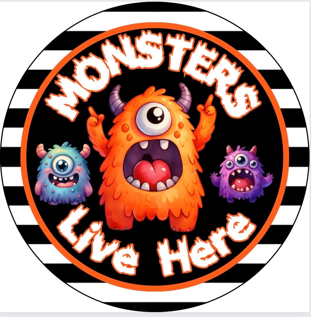 Round Cute Monster Sign, Monsters Live Here, Door Hanger, Wreath Sign ...