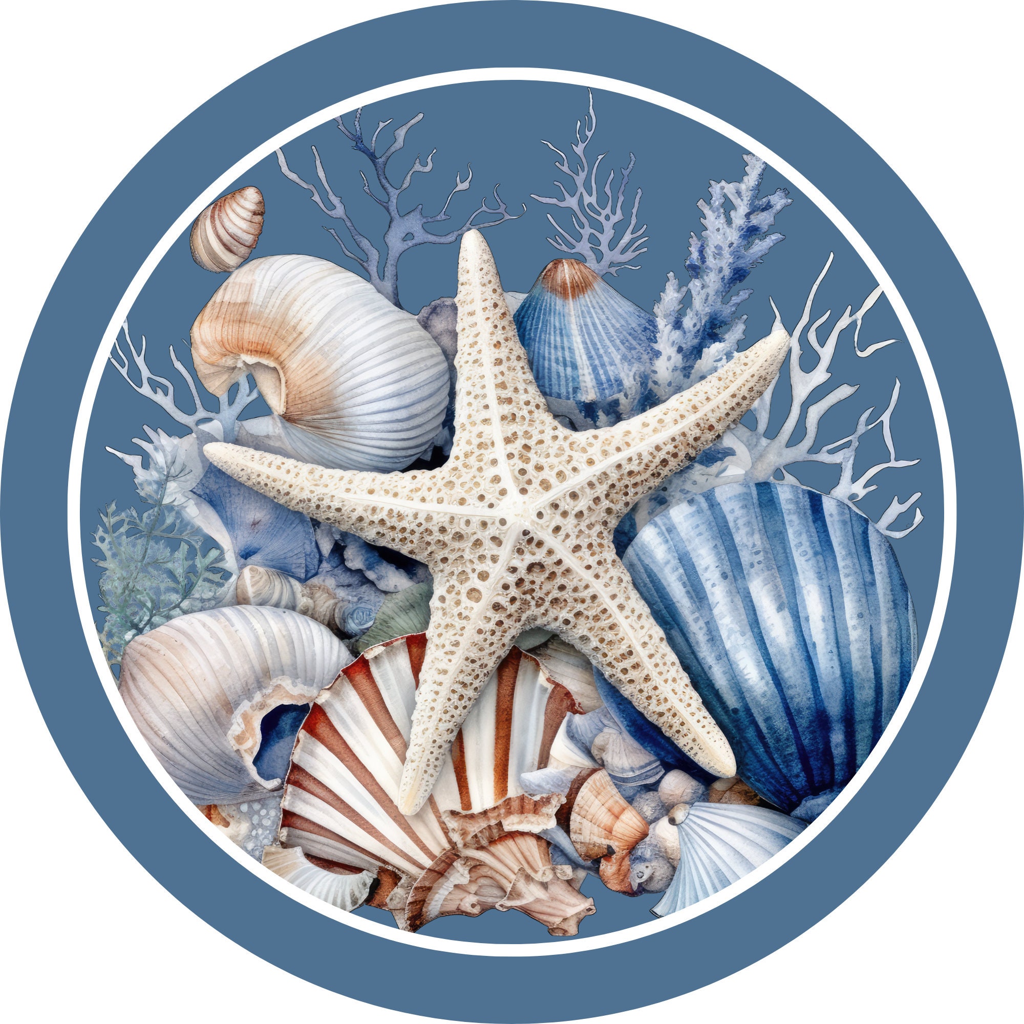 Round Coastal Sign, Starfish and Shells, Beach Decor, Door Hanger, Wall ...