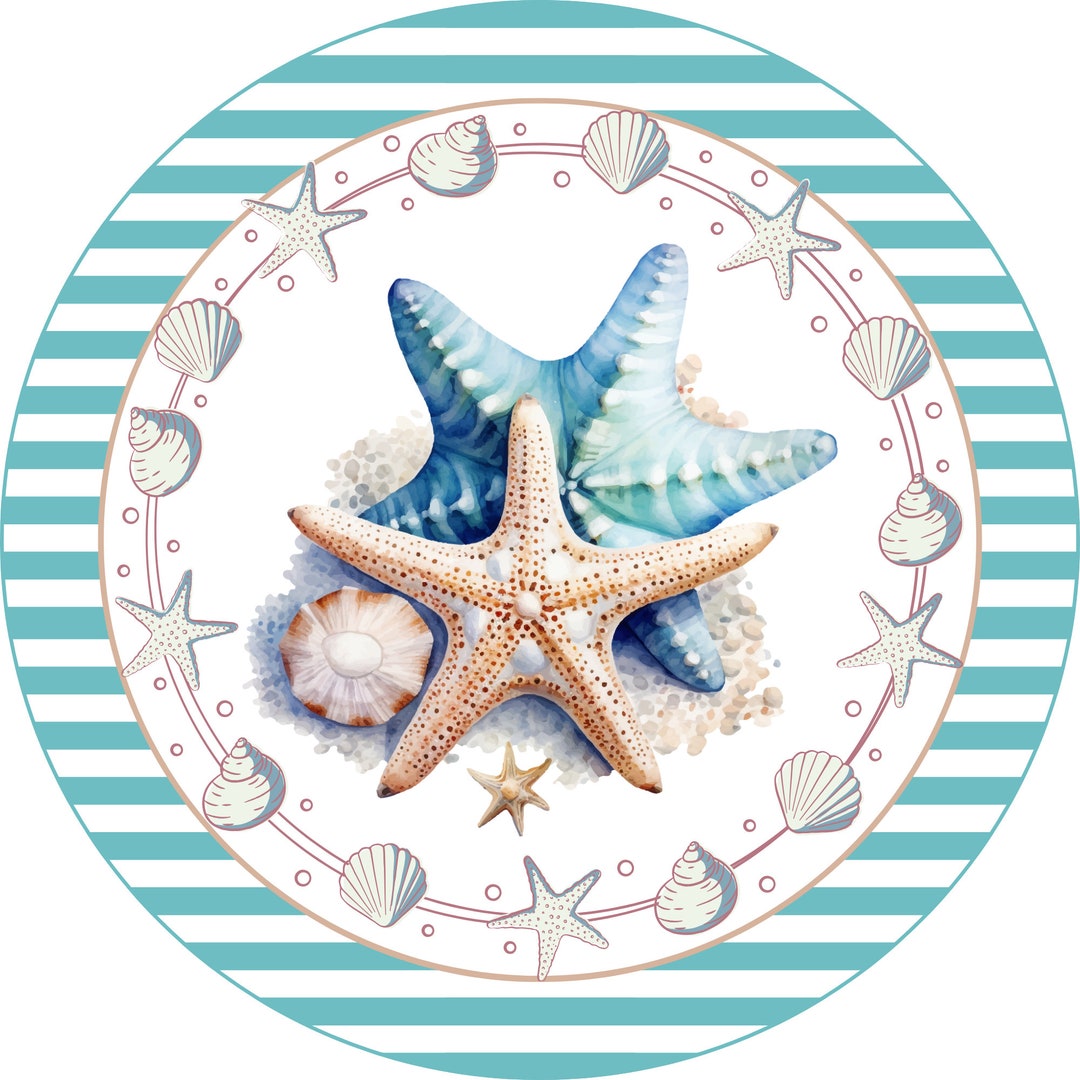 Round Coastal Sign, Starfish and Shells, Beach Decor, Door Hanger, Wall ...