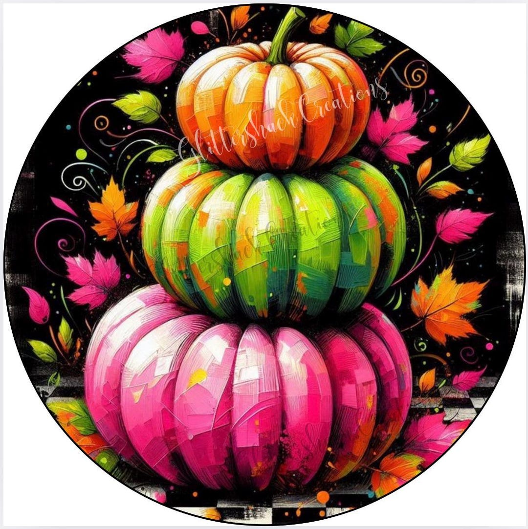 Stacked Pumpkins Round Fall Sign | Pink Green Orange Pumpkin Tower ...