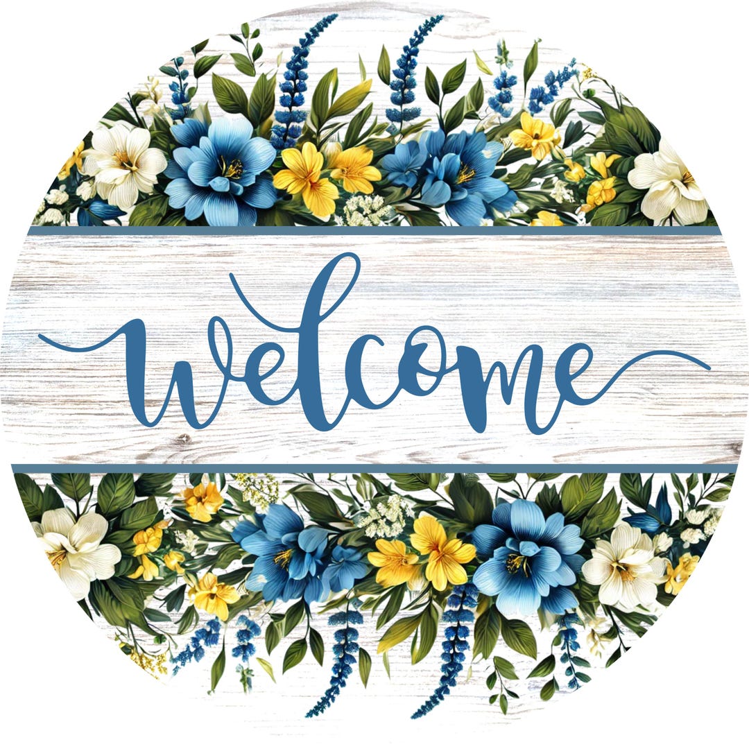 Welcome Metal Wreath Sign - Blue Yellow Floral Round Door Sign - Rustic ...