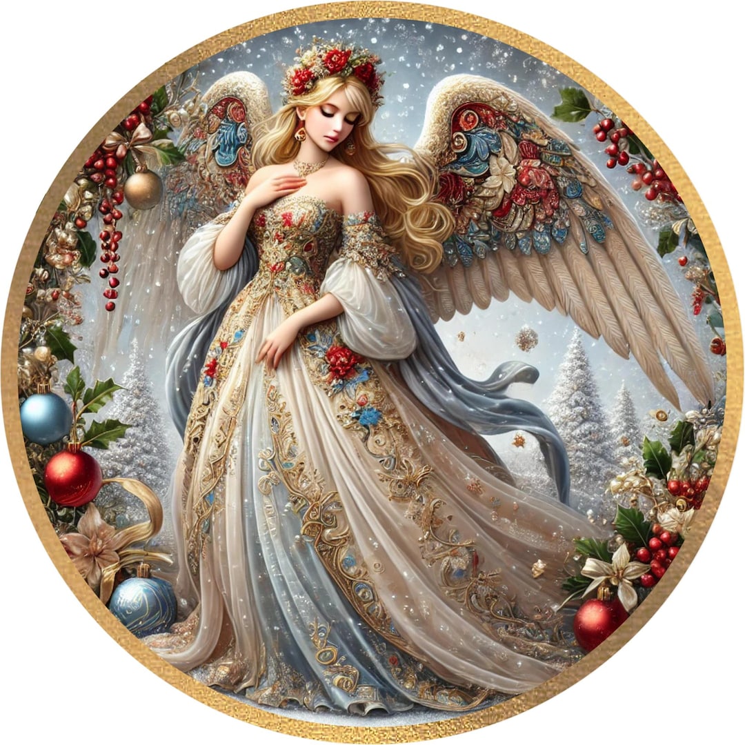Elegant Angel Christmas Wreath Sign - Blonde Angel With Flowing Hair in ...