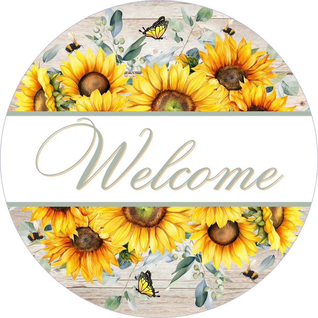 Sunflower and Eucalyptus Welcome Sign, Sunflower Metal Sign, Shiplap ...