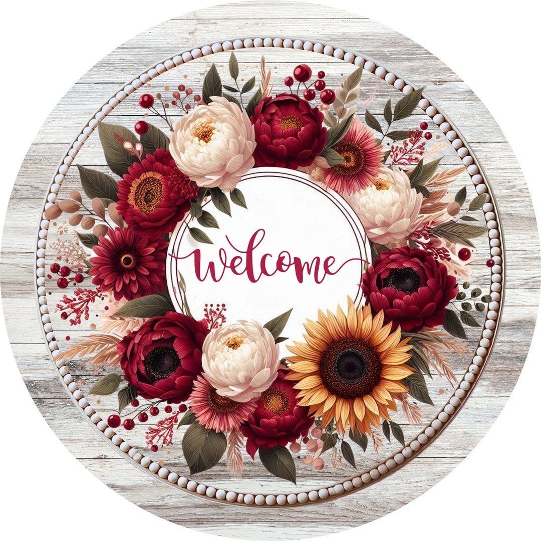 Round Romantic Rustic Wreath Sign With Crimson Red & White Peonies and ...