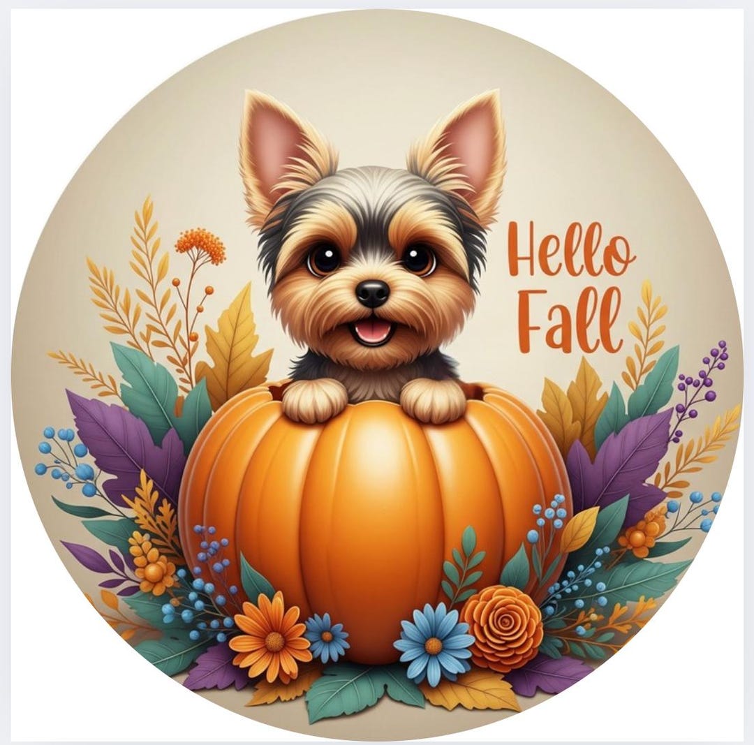 Round Yorkshire Terrier Fall Wreath Sign, Hello Fall Yorkie Pumpkin ...