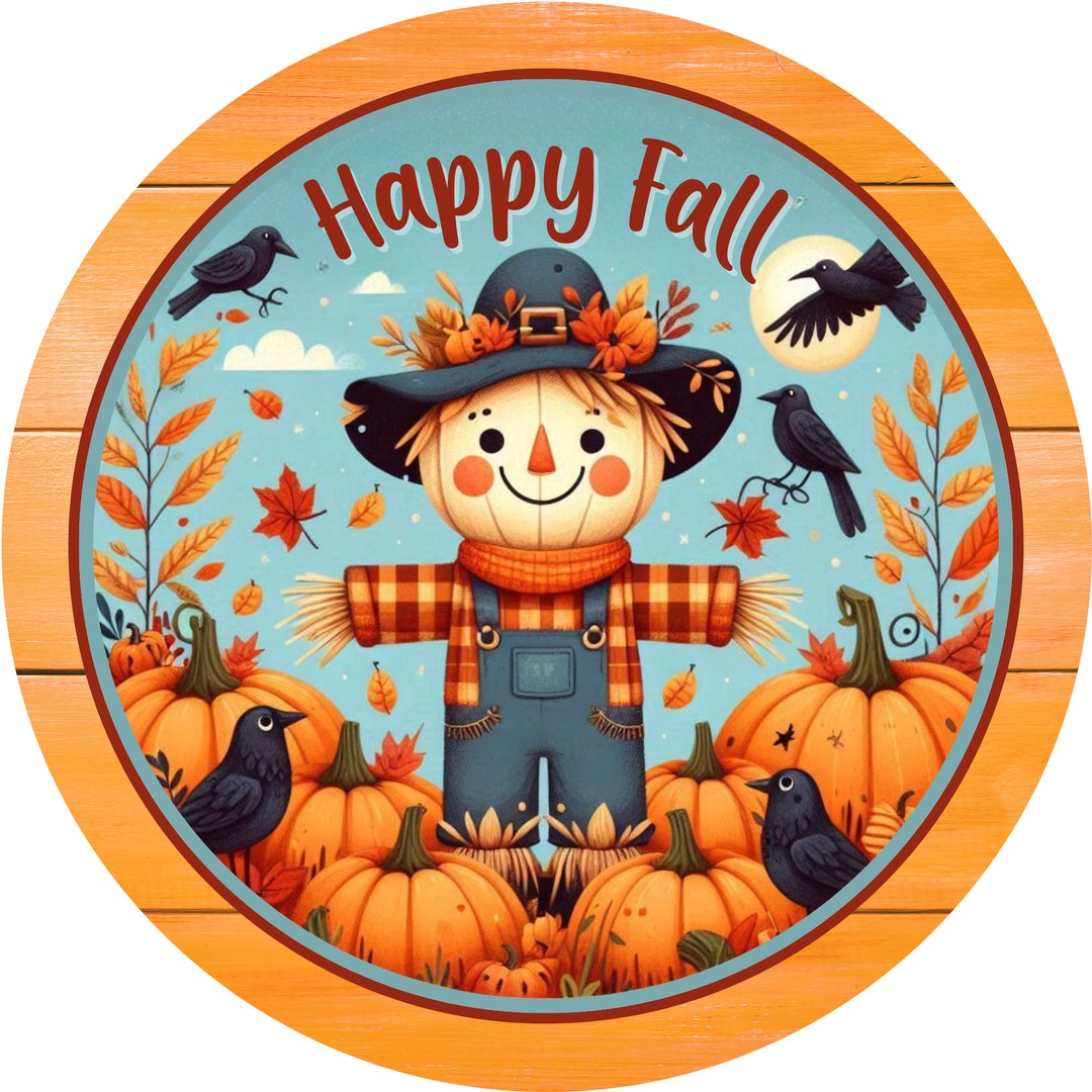 Happy Fall Metal Sign - Burlap Head Scarecrow With Crows and Pumpkins ...