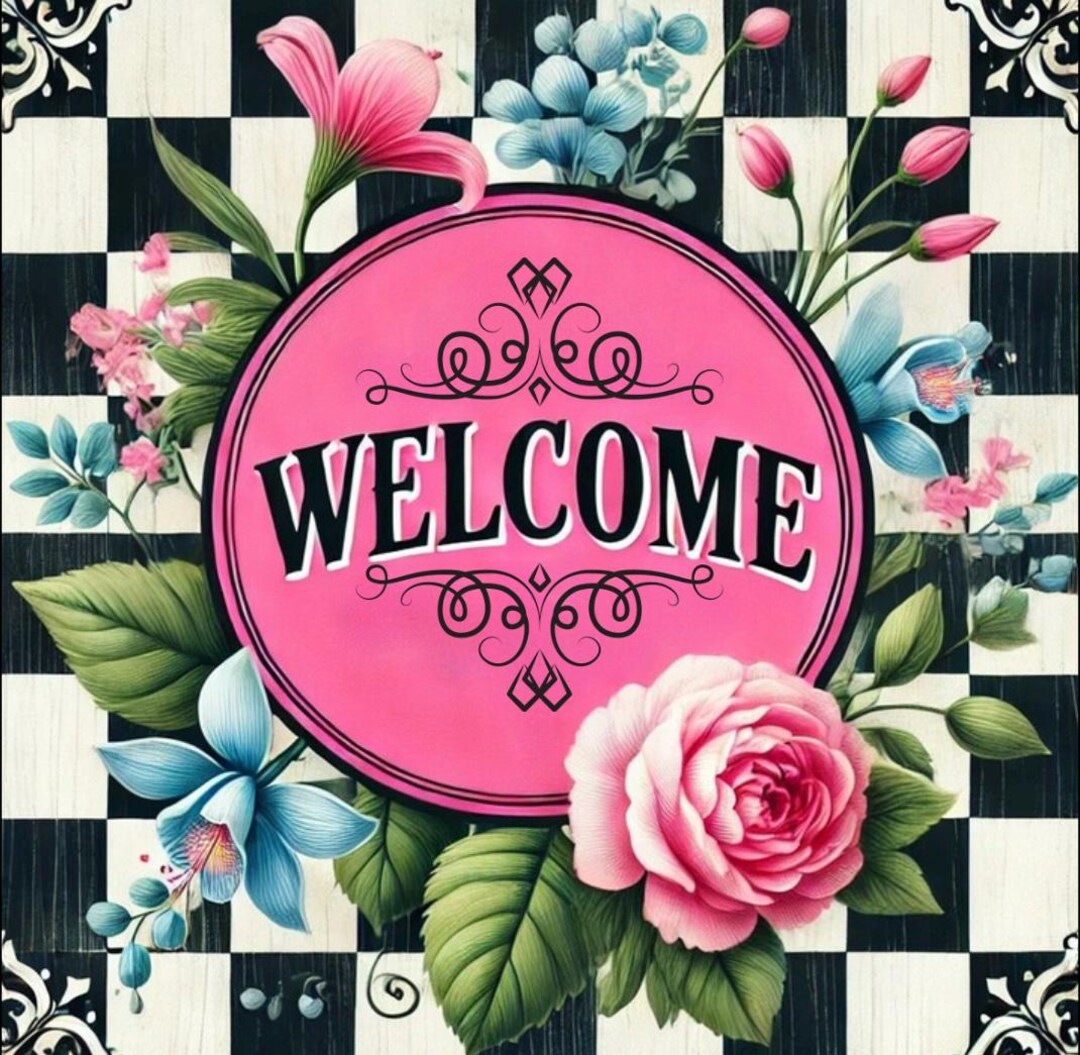 Pink Floral Welcome Sign, Black White Checkered Metal Wreath Sign - Etsy