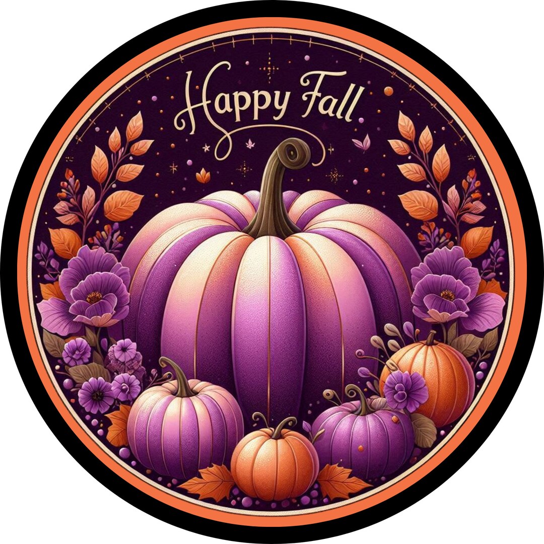 Happy Fall Metal Sign, Purple Pumpkin With Floral Design, Autumn Home ...