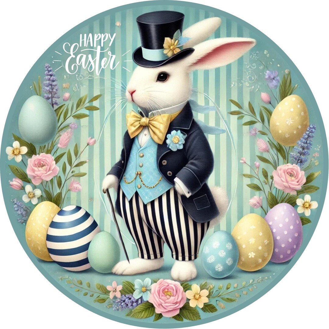 Elegant Easter Bunny Metal Wreath Sign - Spring Decor With Pastel Eggs ...