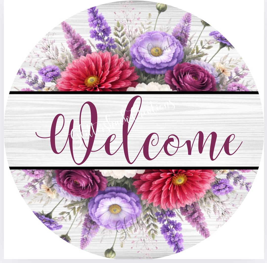 Purple Floral Welcome Sign Farmhouse Door Decor Lavender Berry Flower ...