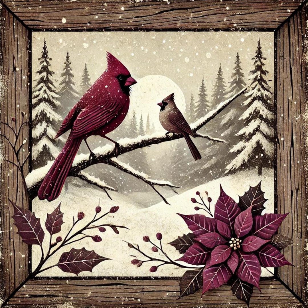 Square Maroon Cardinals Winter Wreath Sign With Poinsettias and Snowy ...