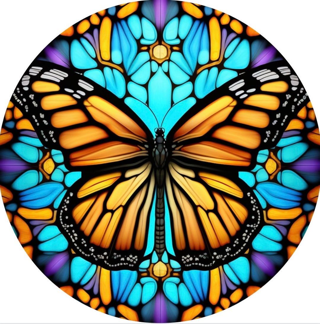 Monarch Butterfly Faux Stained Glass Round Metal Sign, Wreath ...