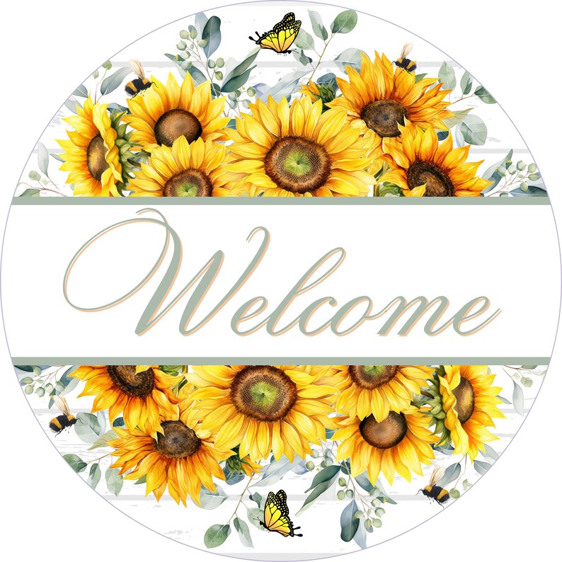 Sunflower and Eucalyptus Welcome Sign, Sunflower Metal Sign, Shiplap ...