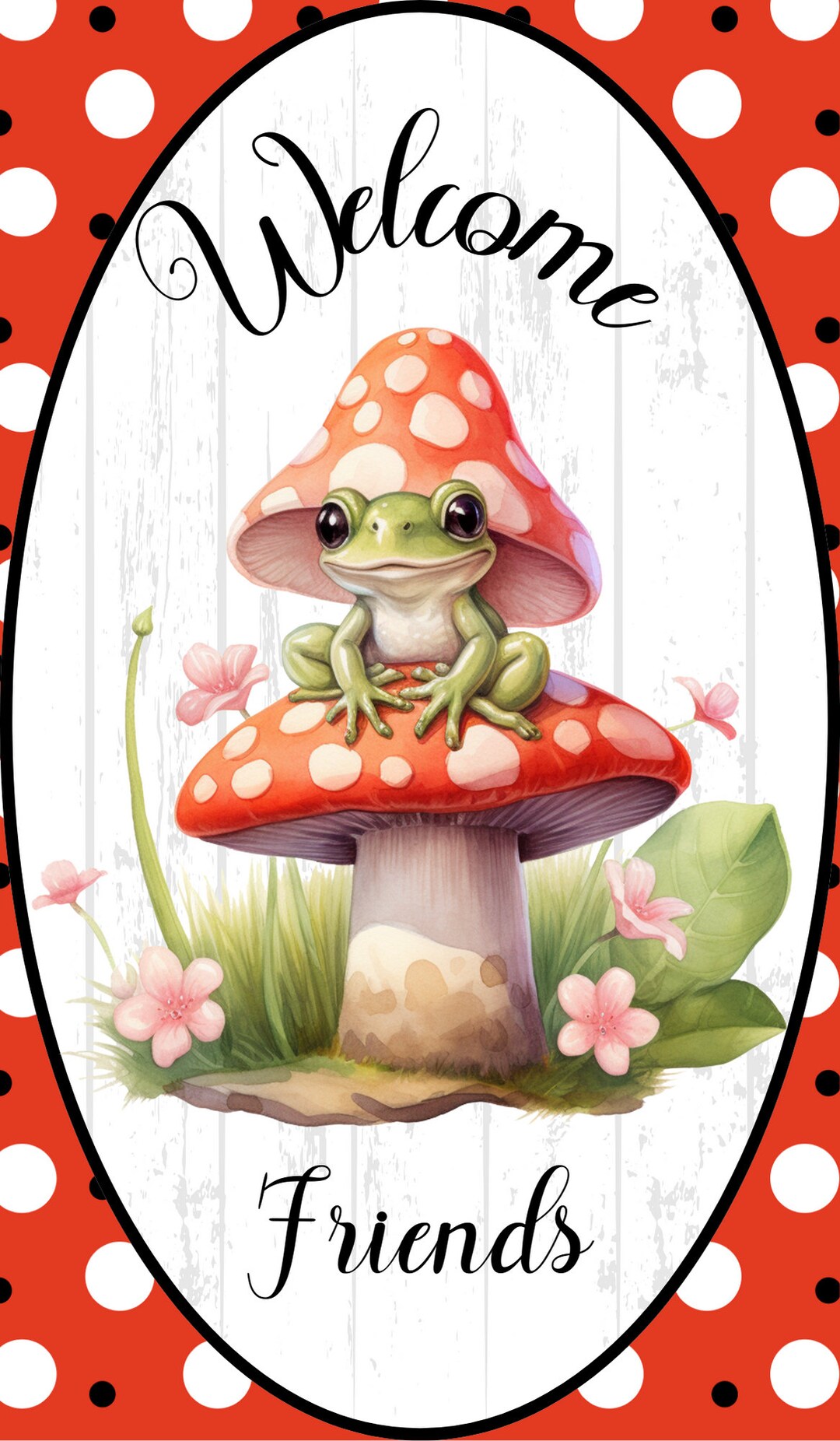 6"x12" Retro Mushroom and Frog Welcome Sign, Black and White Polka Dot ...
