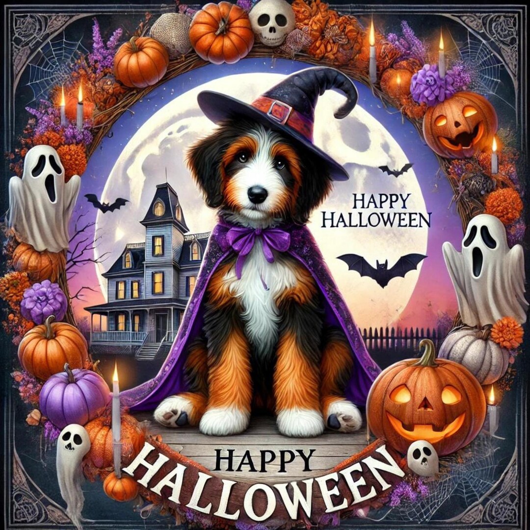 Halloween Bernedoodle Wreath Sign | Festive Dog Decor, Bats & Pumpkins ...