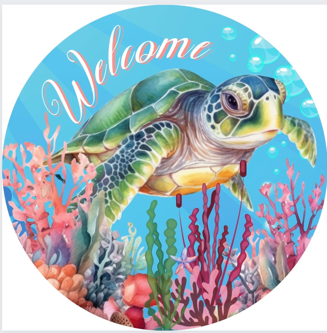Round Sea Turtle Welcome Sign, Vibrant Water Colors, Coastal Sign, Door ...