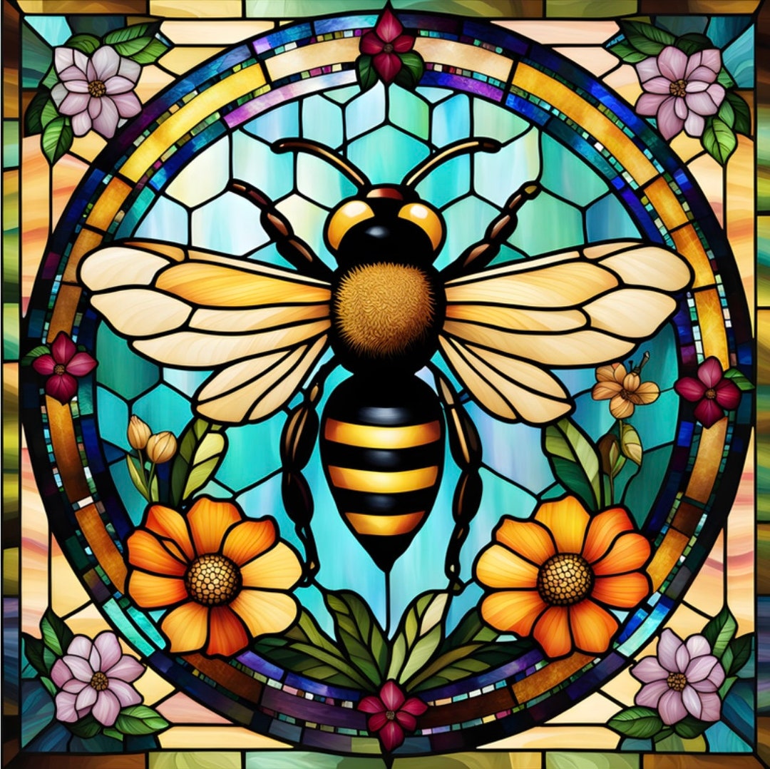 Square Bee Faux Stain Glass Metal Sign, Door Hanger, Wreath Sign ...