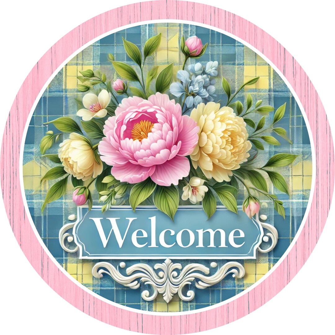 Peony Plaid Welcome Sign, Round Metal Floral Wreath Sign, Pink and ...