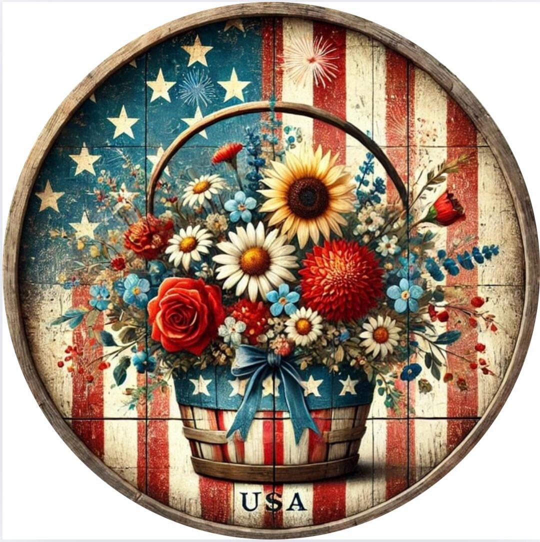 Rustic Patriotic Metal Wreath Sign Round USA Flower Basket Wall Art Red ...