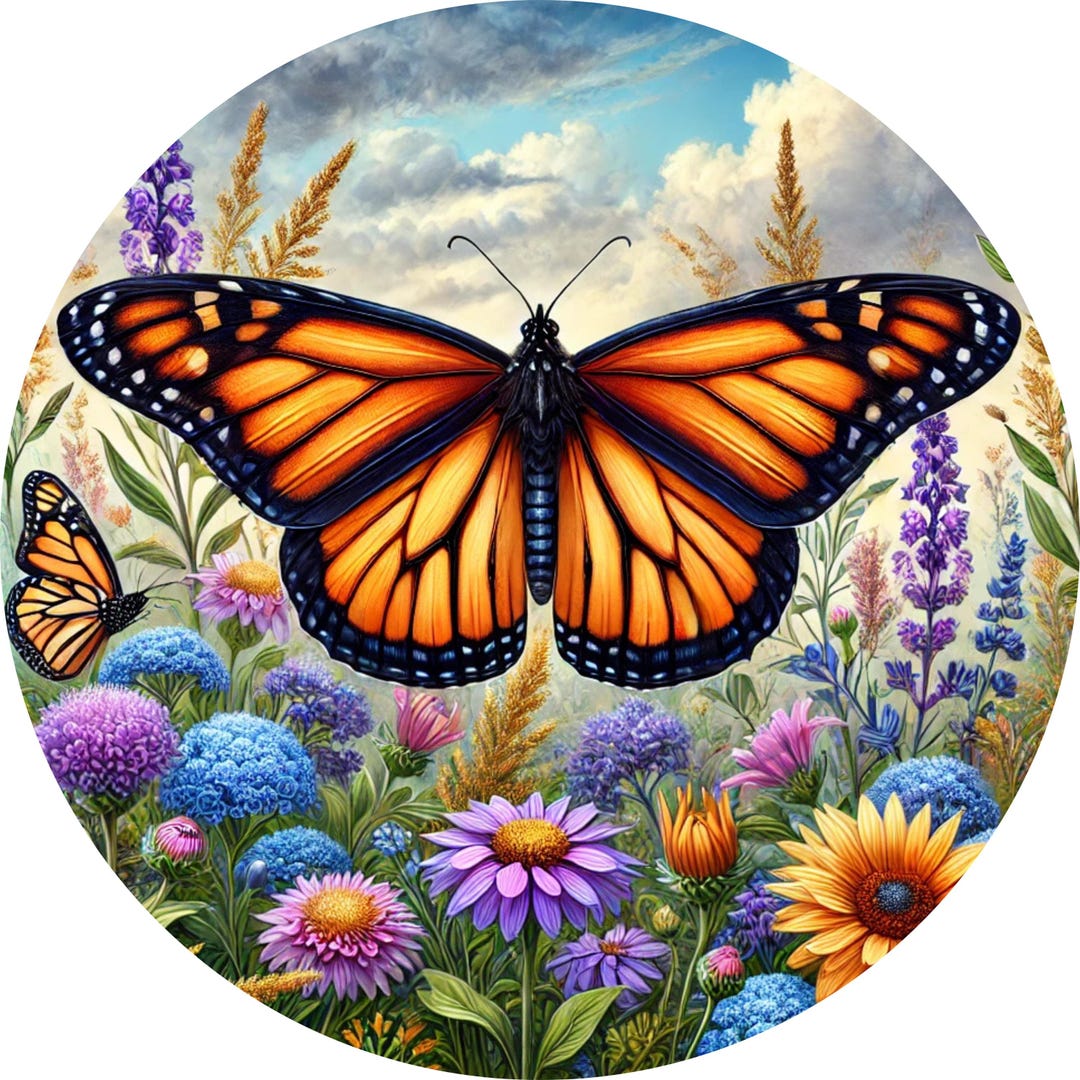 Monarch Butterfly Round Metal Wreath Sign, Wildflower Garden Wall Decor ...