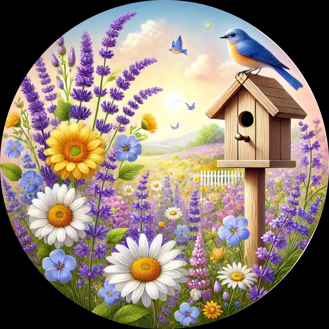Spring Birdhouse Wreath Sign - Bluebird & Lavender Round Metal Sign ...