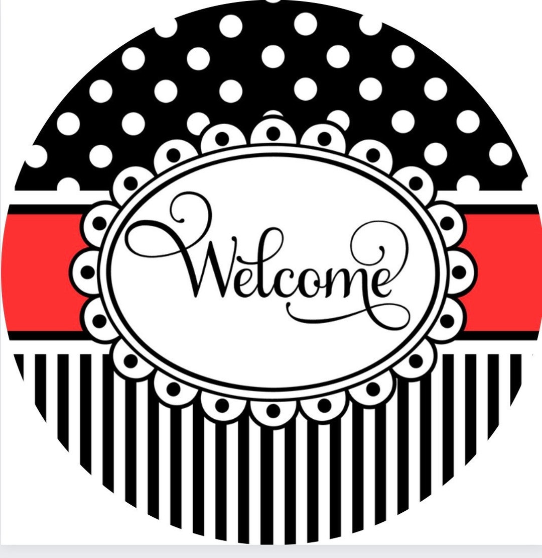Round Every Day Welcome Sign, Black/white Polka Dots and Stripes, Door ...