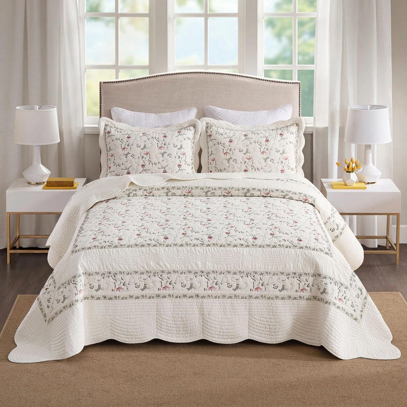 3-piece 100% Cotton Floral Embroidery Oversized Bedspread Set Craft ...