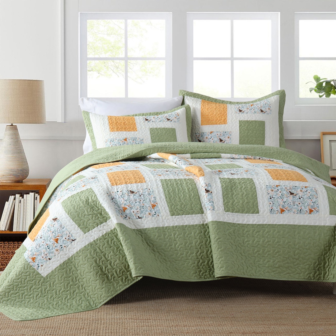 Handcrafted Patchwork Cotton Quilt Bedspread Set - 3-piece Patchwork ...