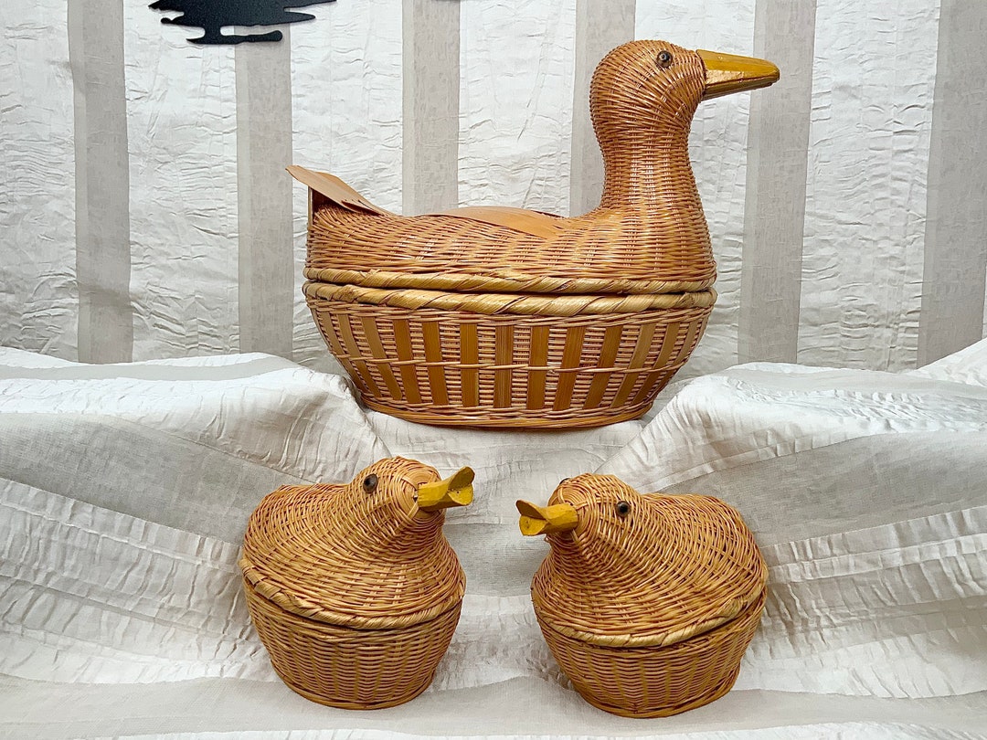 Vintage Wicker Duck Basket Set, Covered Wicker Apothecary, Set of 3 ...