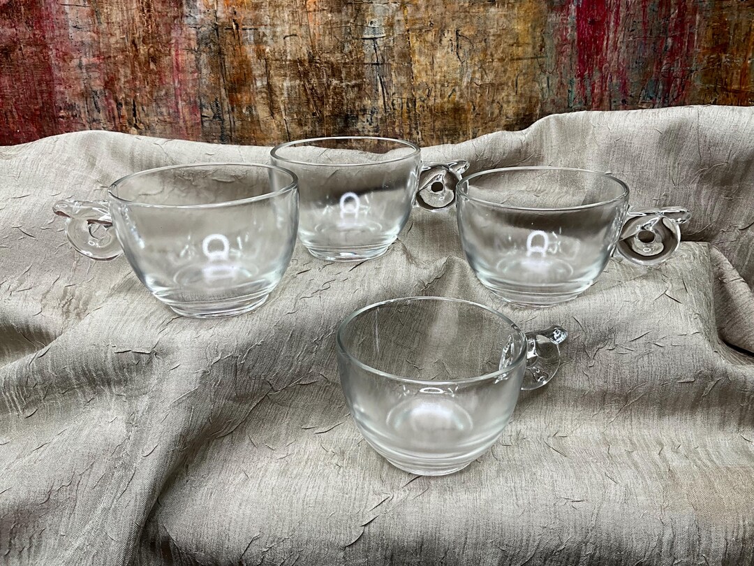 Clear Glass Punch Cups, Set of 4, Loop Handle, Ground Base, Pressed ...