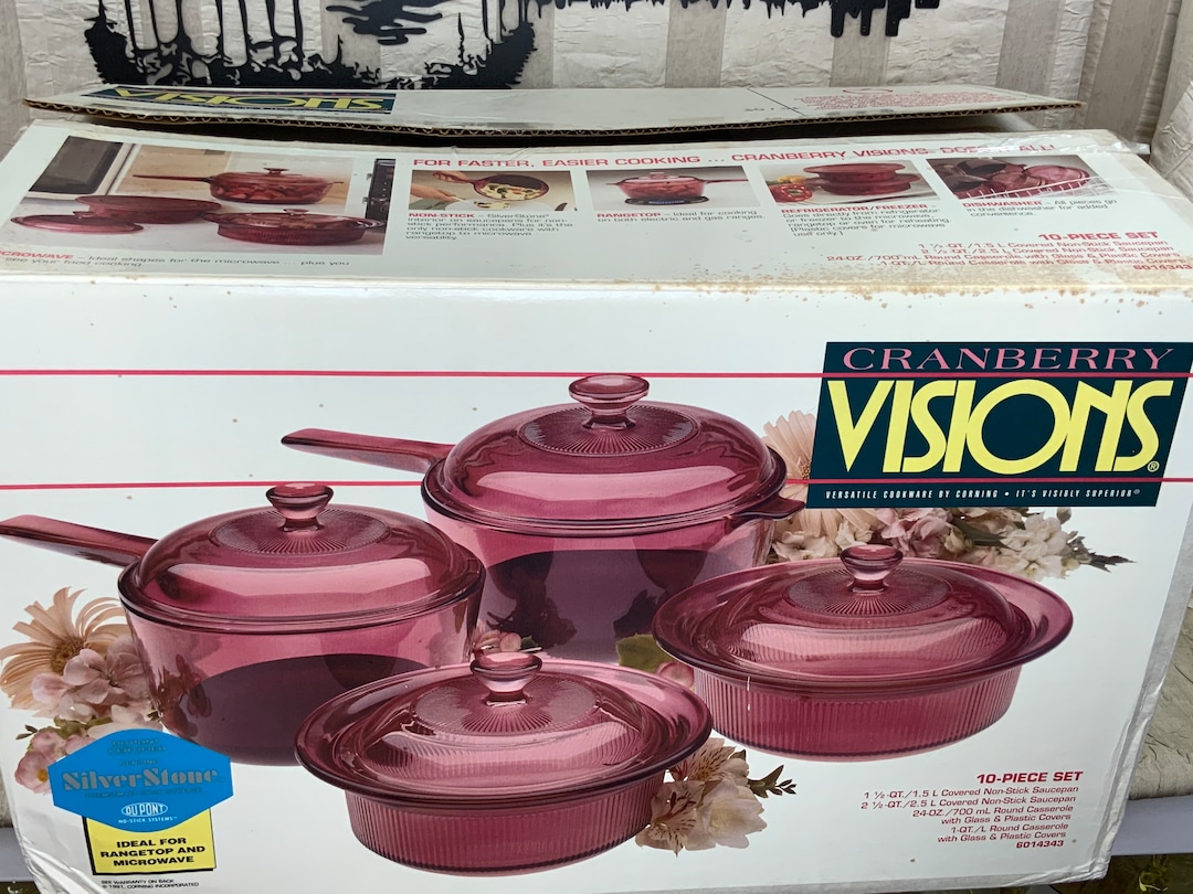 Vintage Pyrex Visions Cranberry Saucepans Casseroles, New in Box, 10 ...