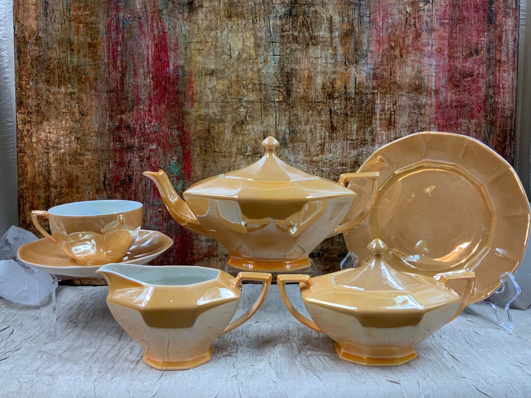 Victoria Lusterware Tea Set 21 Piece Czecho-slovakia Peach/orange Tea ...