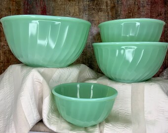 Jadeite Fire King Swirl Mixing Bowl Set Vintage Jadeite Swirl Mixing Bowls Green Milk Glass ...