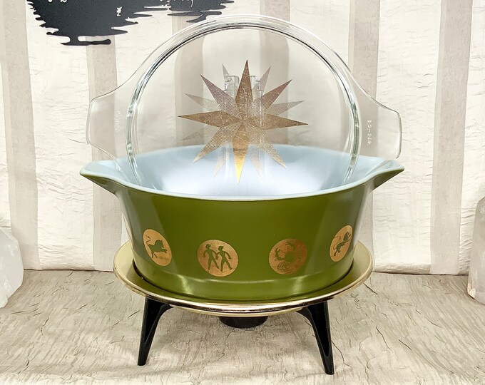 Vintage Pyrex Zodiac Casserole With Lid and Warming Cradle, C1961 ...