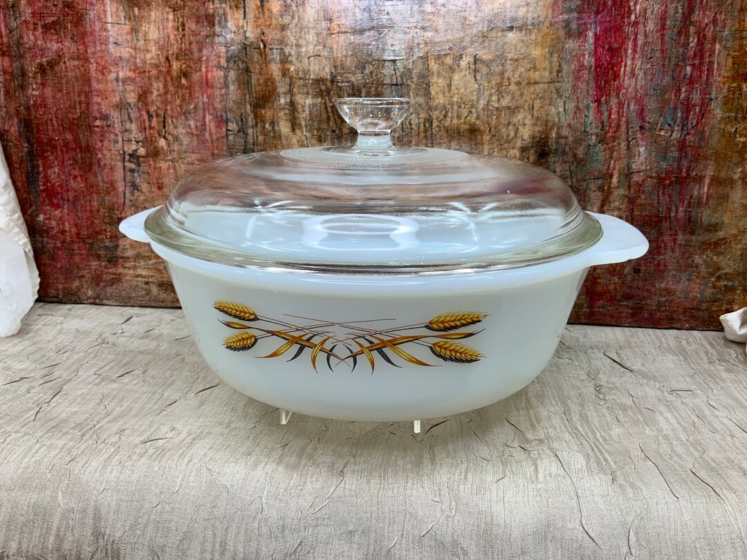 Vintage Fire-King Wheat by Anchor Hocking, 447 Round Milk Glass Golden ...