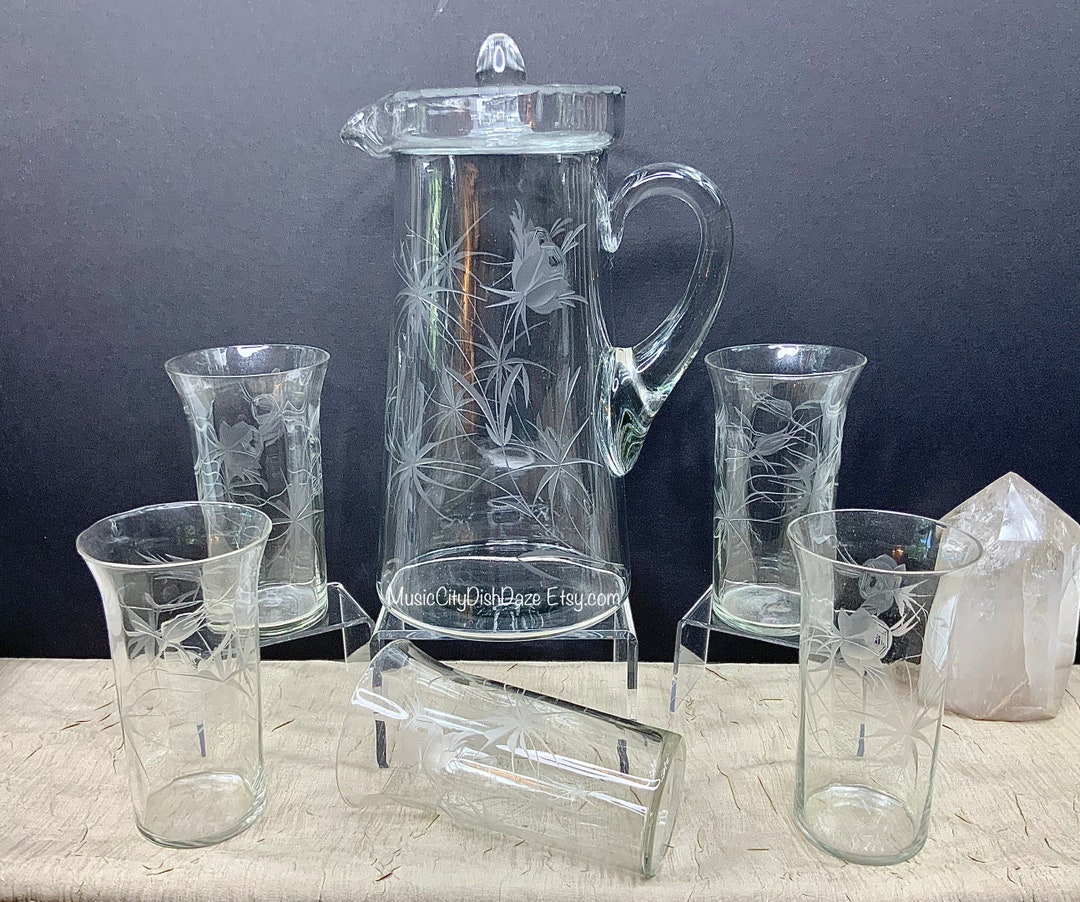 Vintage Lemonade Set, Glass Pitcher With 5 Tumblers, Floral Cutting ...