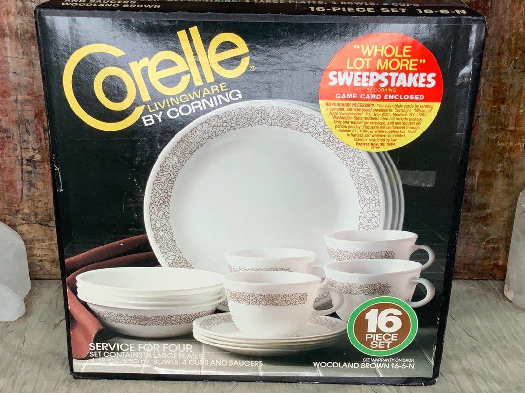 Vintage Corelle Woodland Brown Dinnerware 16 Piece Set, New in Original ...