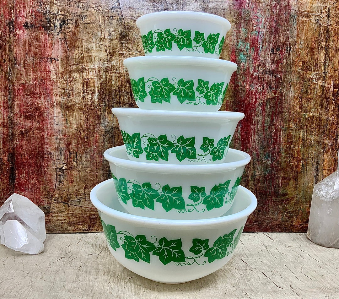 Vintage Hazel Atlas Green Ivy Mixing Nesting Bowls, Original Sealed Box ...