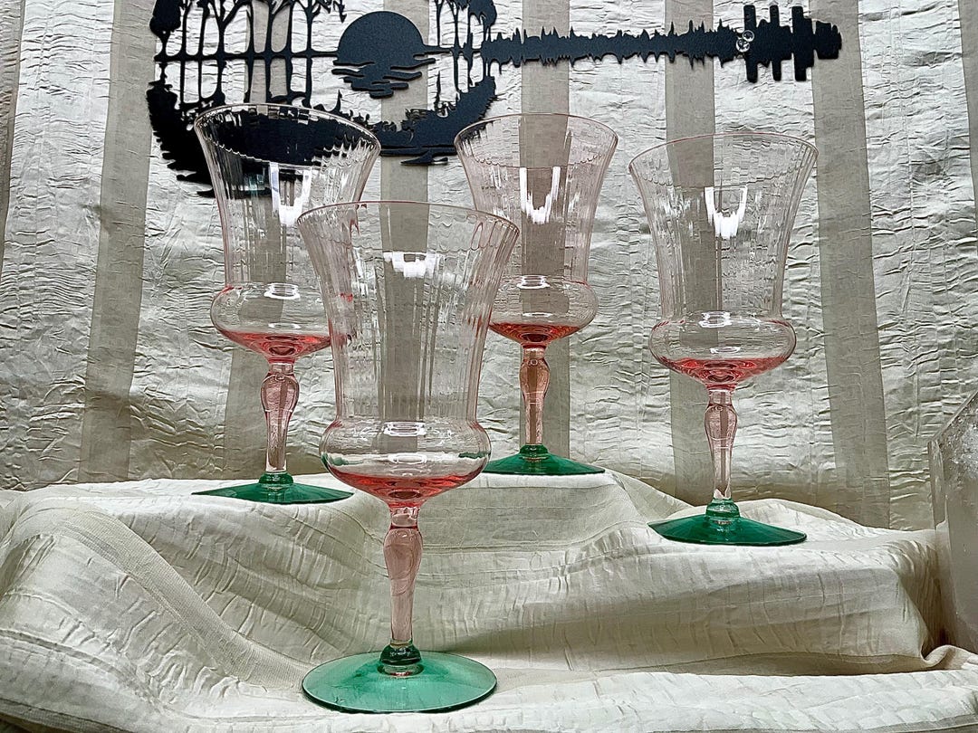 Utility Glass Works Nilotus Pink With Green Water Goblets, Set of 4 ...