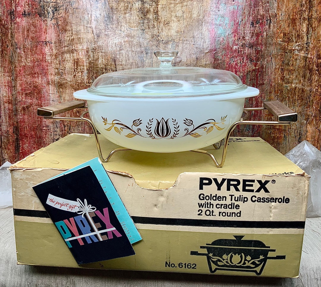 Vintage Pyrex Golden Tulip New in Box 2 Quart Covered Casserole With ...