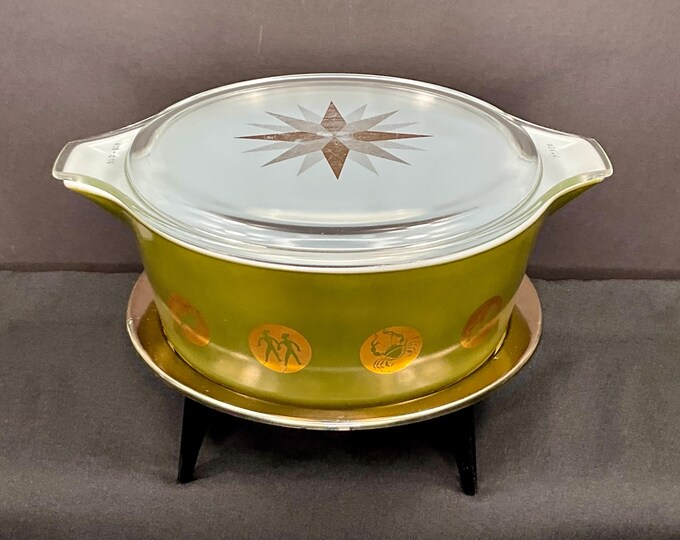 Vintage Pyrex Zodiac Casserole With Lid and Warming Cradle, C1961 ...