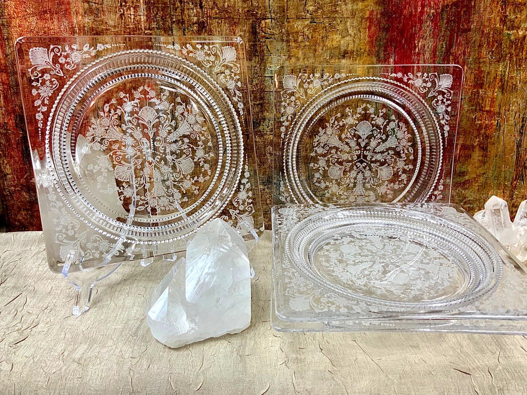 Vintage Duncan Miller First Love Etched Square Glass Plates 7 1/2" Set ...