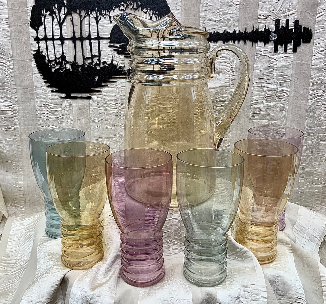 Vintage Dunbar Flint Glass Pitcher and Tumblers, Iridescent Art Deco ...