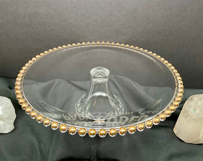 Vintage Pedestal Glass Cake Stand With Gold Beaded Rim, 12 Inch ...